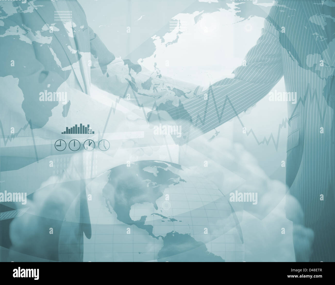 World map interface with graph and line and handshake Stock Photo - Alamy