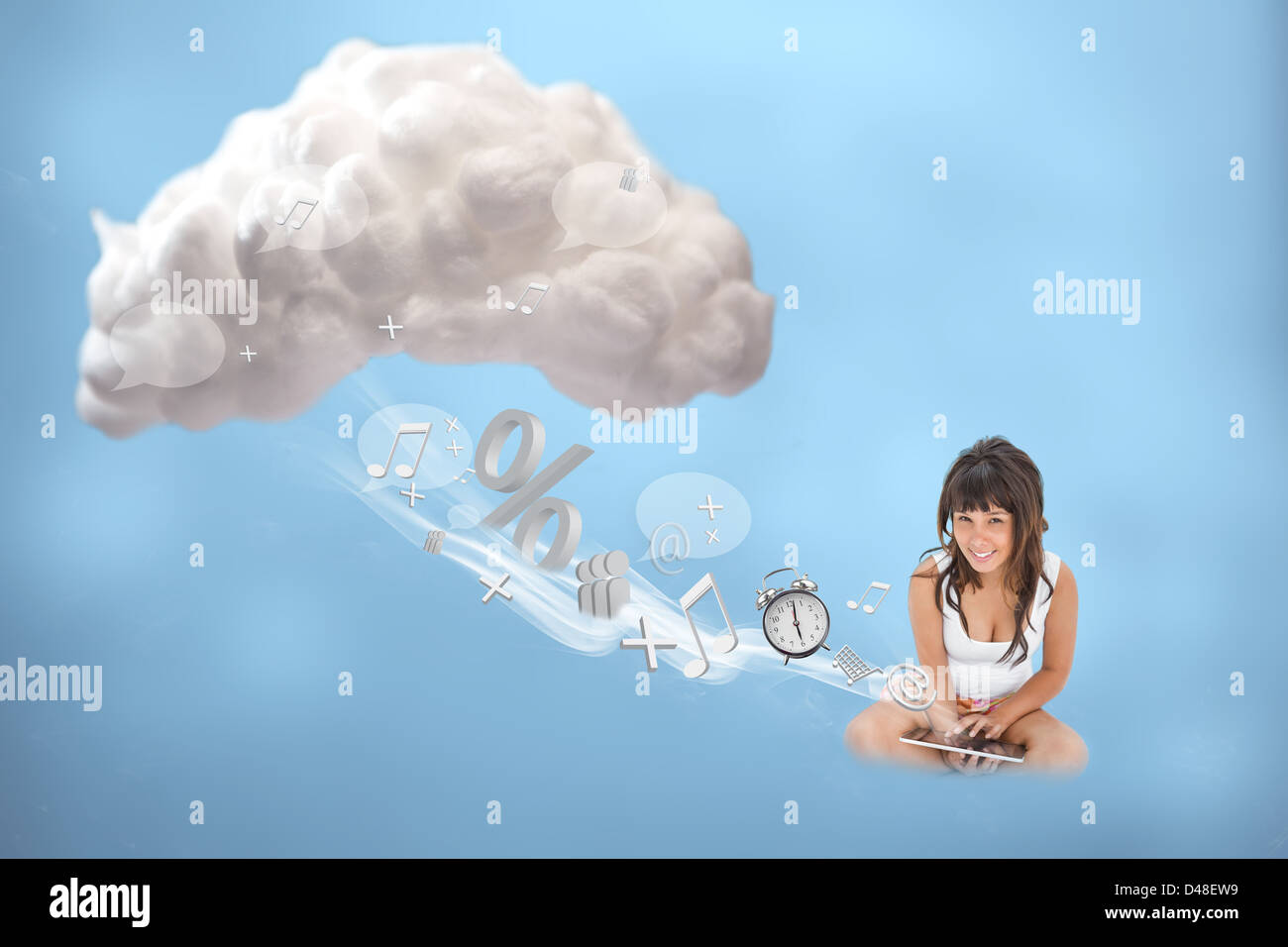 Happy girl connecting to cloud computing Stock Photo - Alamy