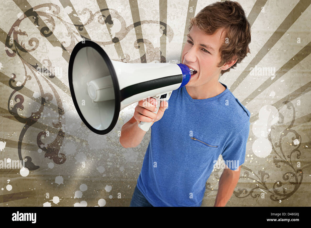 Teenager shouting through a megaphone Stock Photo - Alamy
