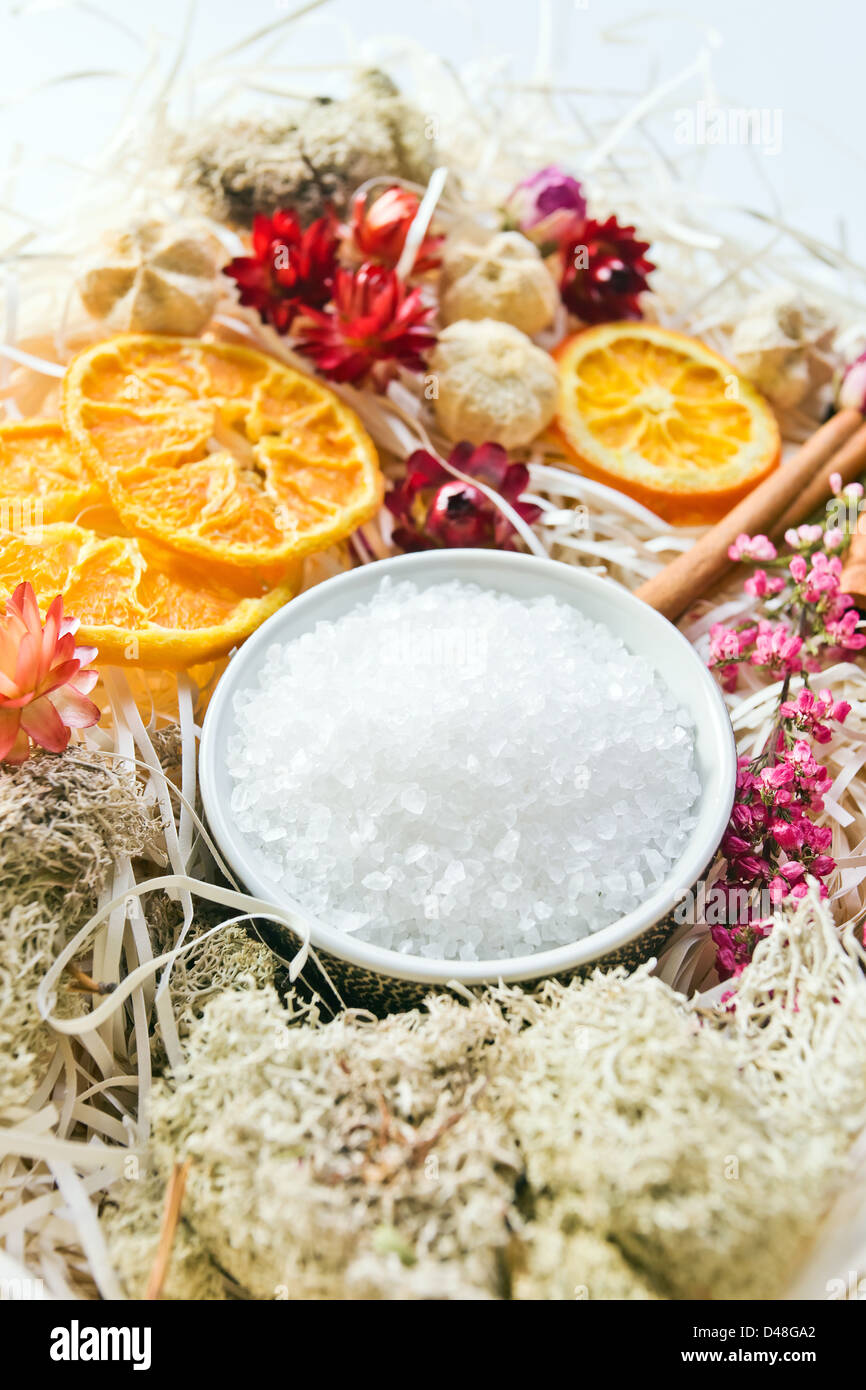 Sea salt with dried fruits, plants and flowers Stock Photo - Alamy