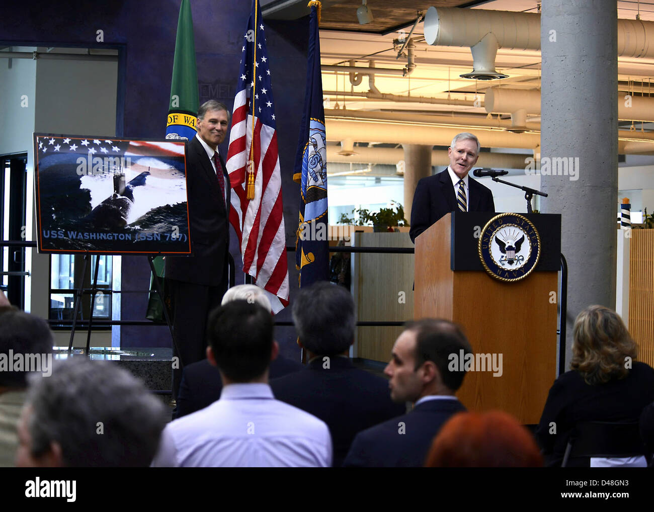 Secretary of the Navy Ray Mabus delivers remarks during the naming ...