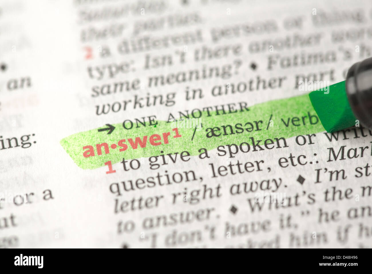 Highlighted definition of answer Stock Photo - Alamy