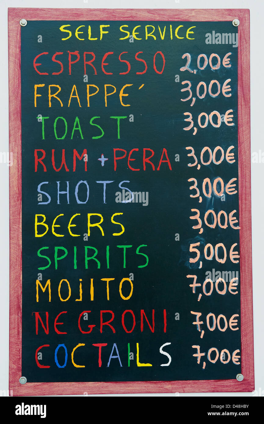 Greece, Cyclades, Mykonos island, Chora, Mykonos town, bar menu Stock ...