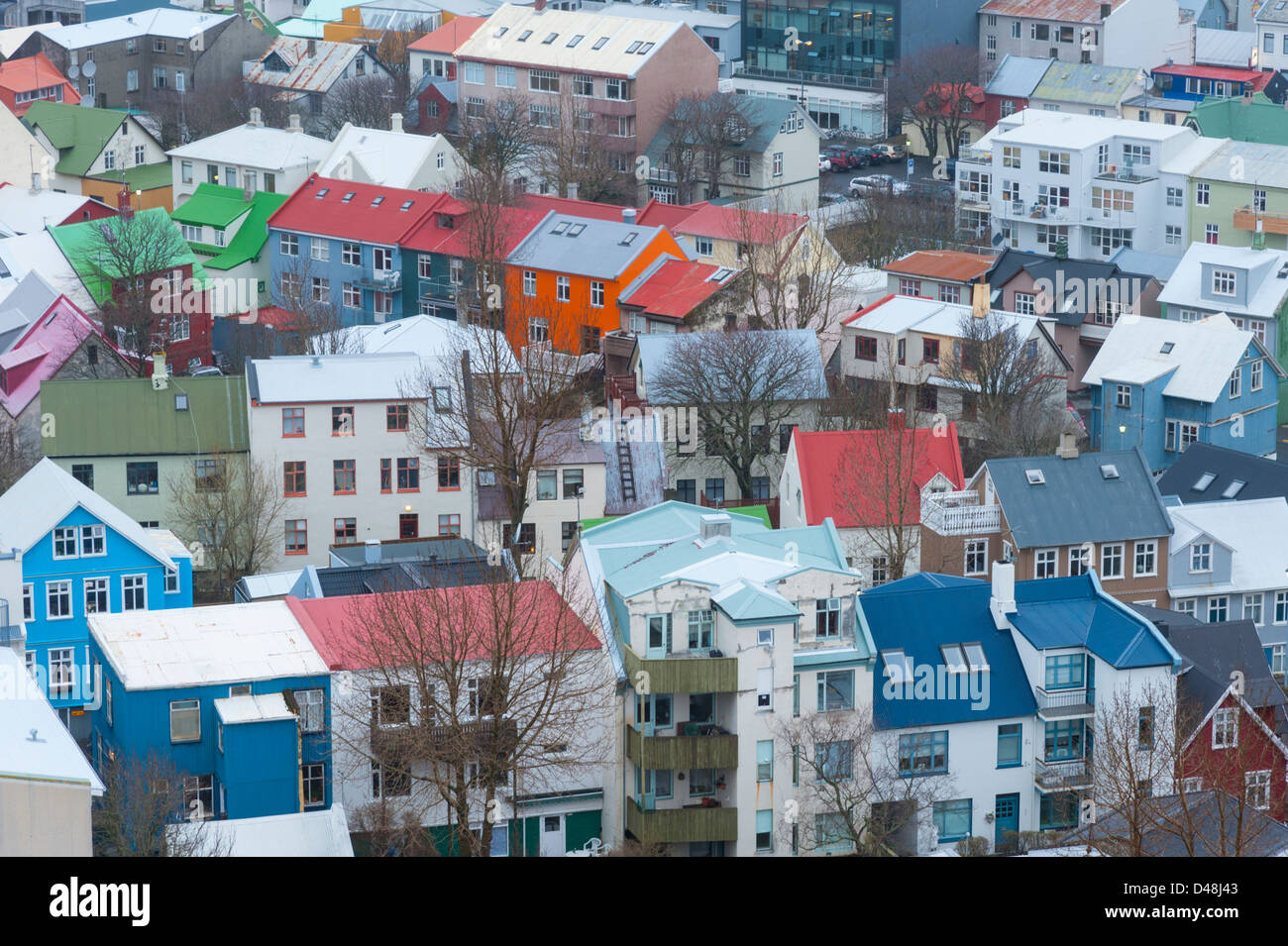 Aerial view of colourful painted corrugated iron clad buildings in ...