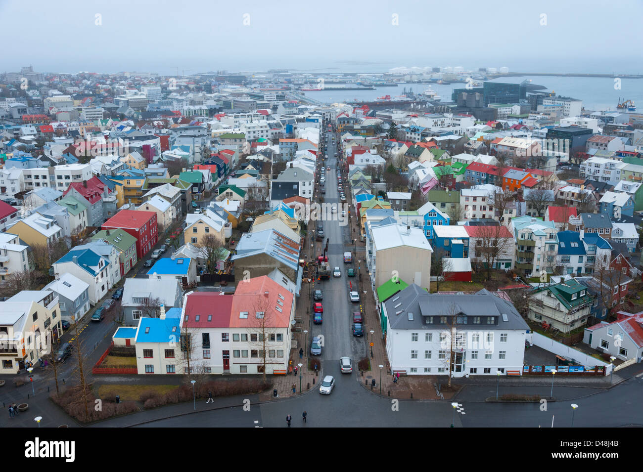 Aerial view of colourful painted corrugated iron clad buildings in ...