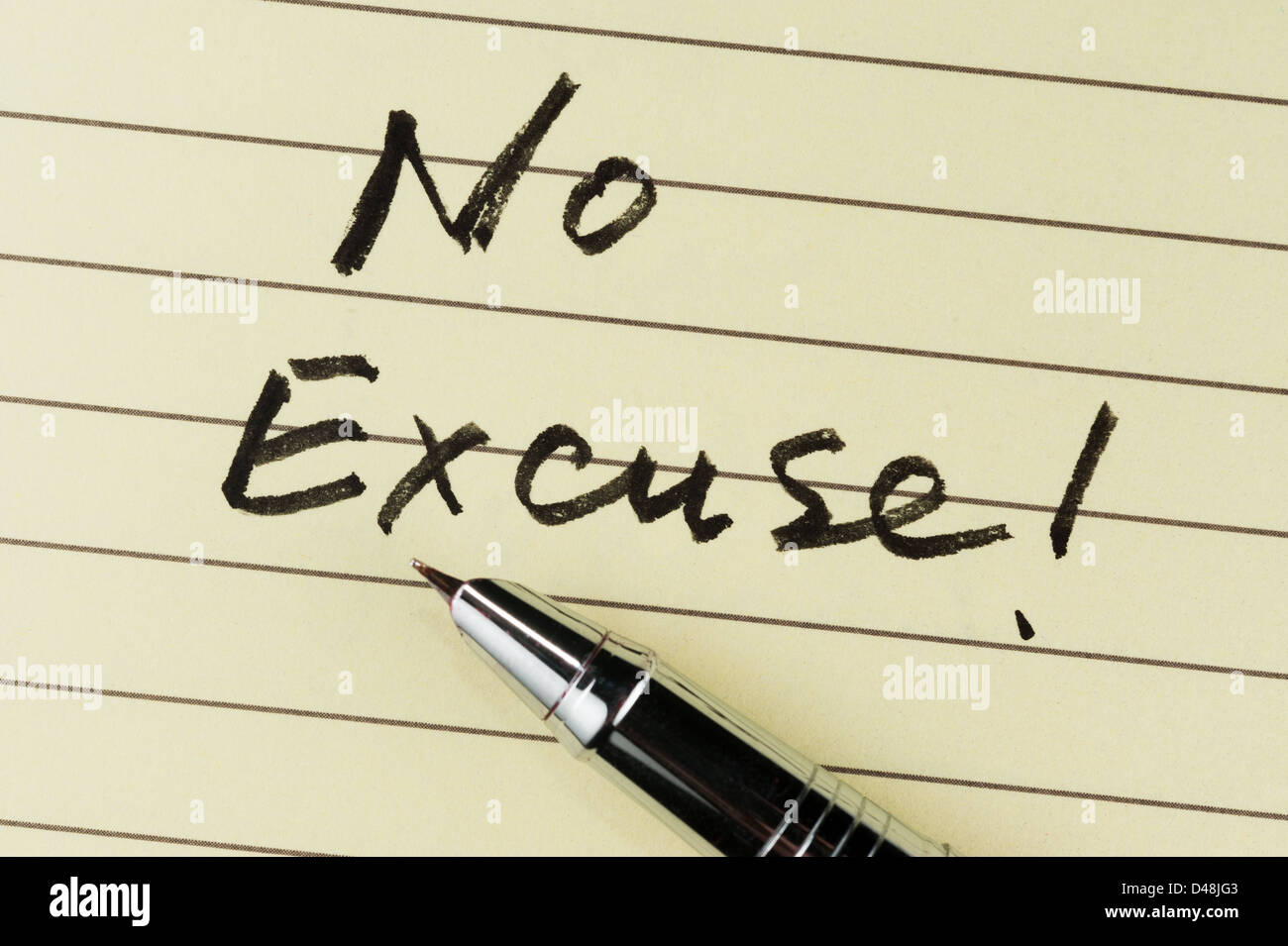 No excuse words written on lined paper with a pen on it Stock Photo - Alamy