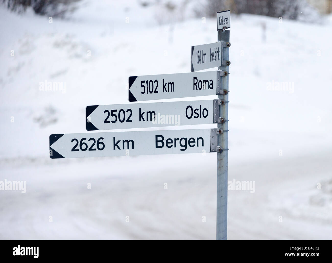 Road sign in Kirkenes in the Arctic Circle, giving distances to ...