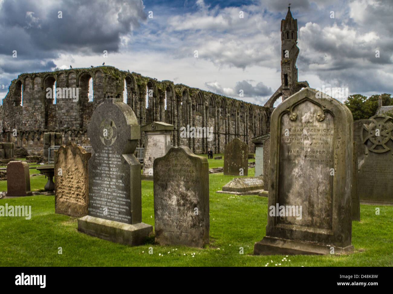 The graveyard of St Andrew's Cathedral with the ruins of the cathedral ...
