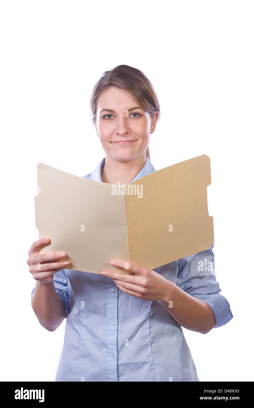 Business woman reading documents isolated on white Stock Photo - Alamy