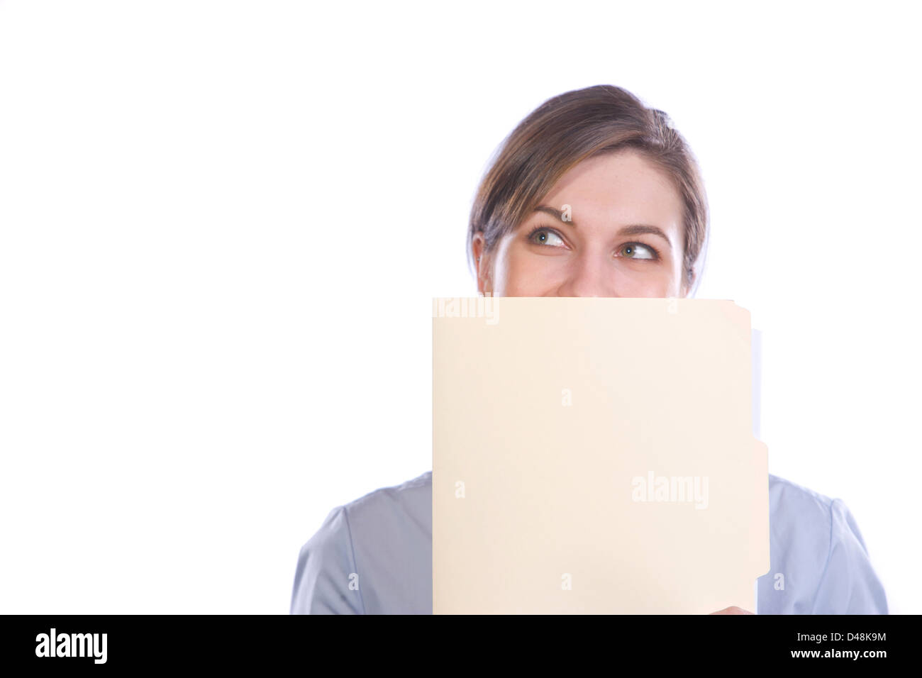 Business woman eyes looking over folder isolated on white Stock Photo ...