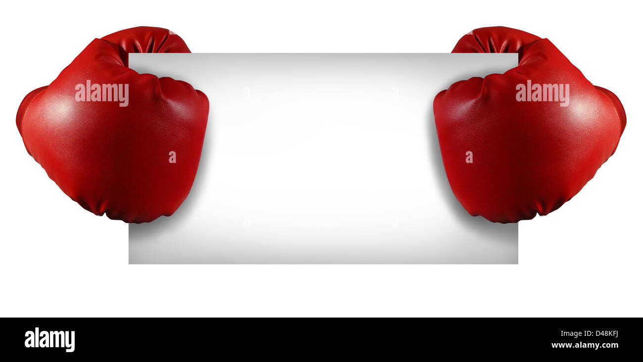 Competition sign with two red boxing gloves holding a blank white card ...