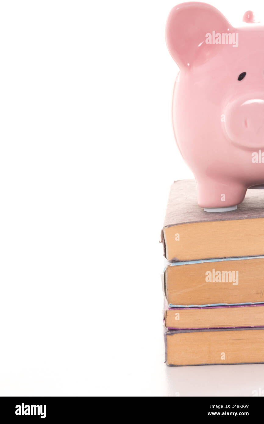 Piggy bank standing on stack of books Stock Photo - Alamy