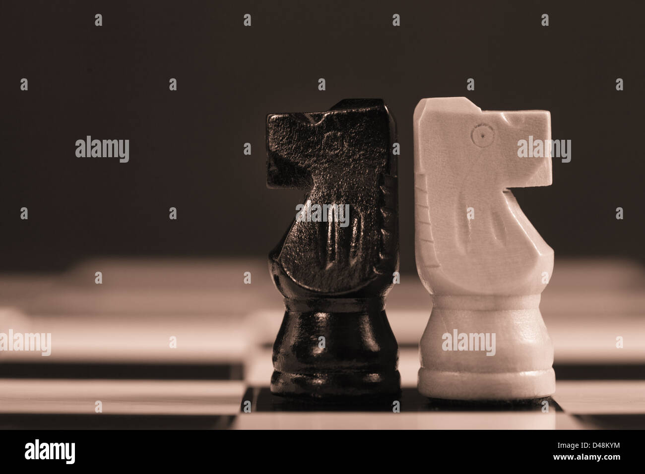 Two chess knights facing away from each other Stock Photo - Alamy