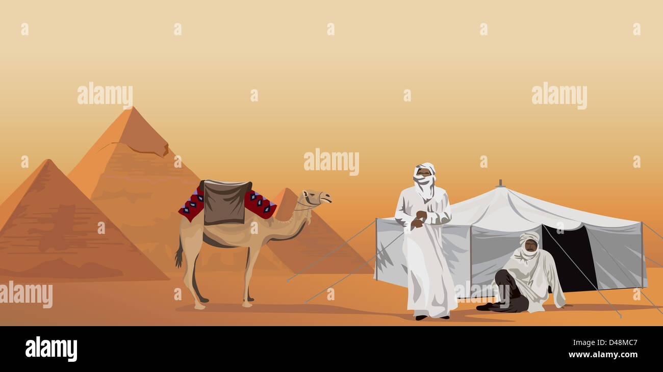 Background illustration with bedouins and the pyramids of Giza Stock ...