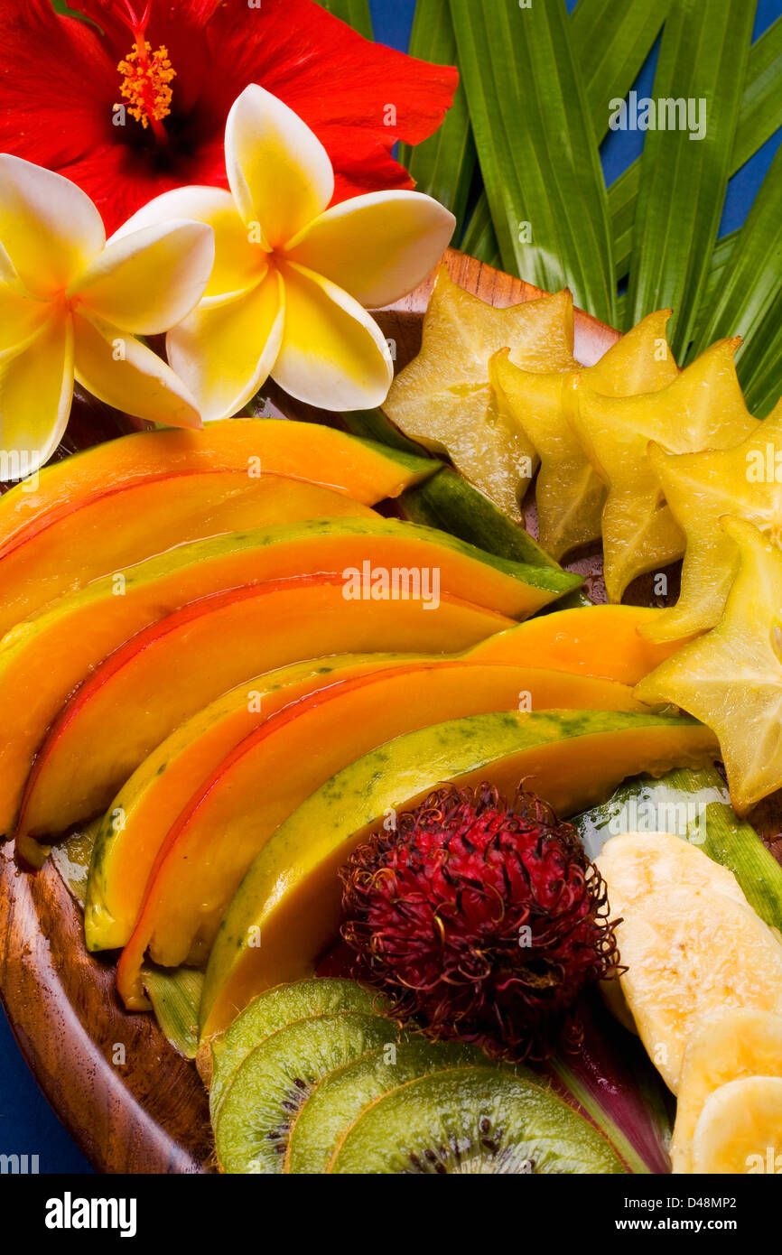 Studio Shot Pf A Variety Of Tropical Fruit Sliced On A Platter, With ...