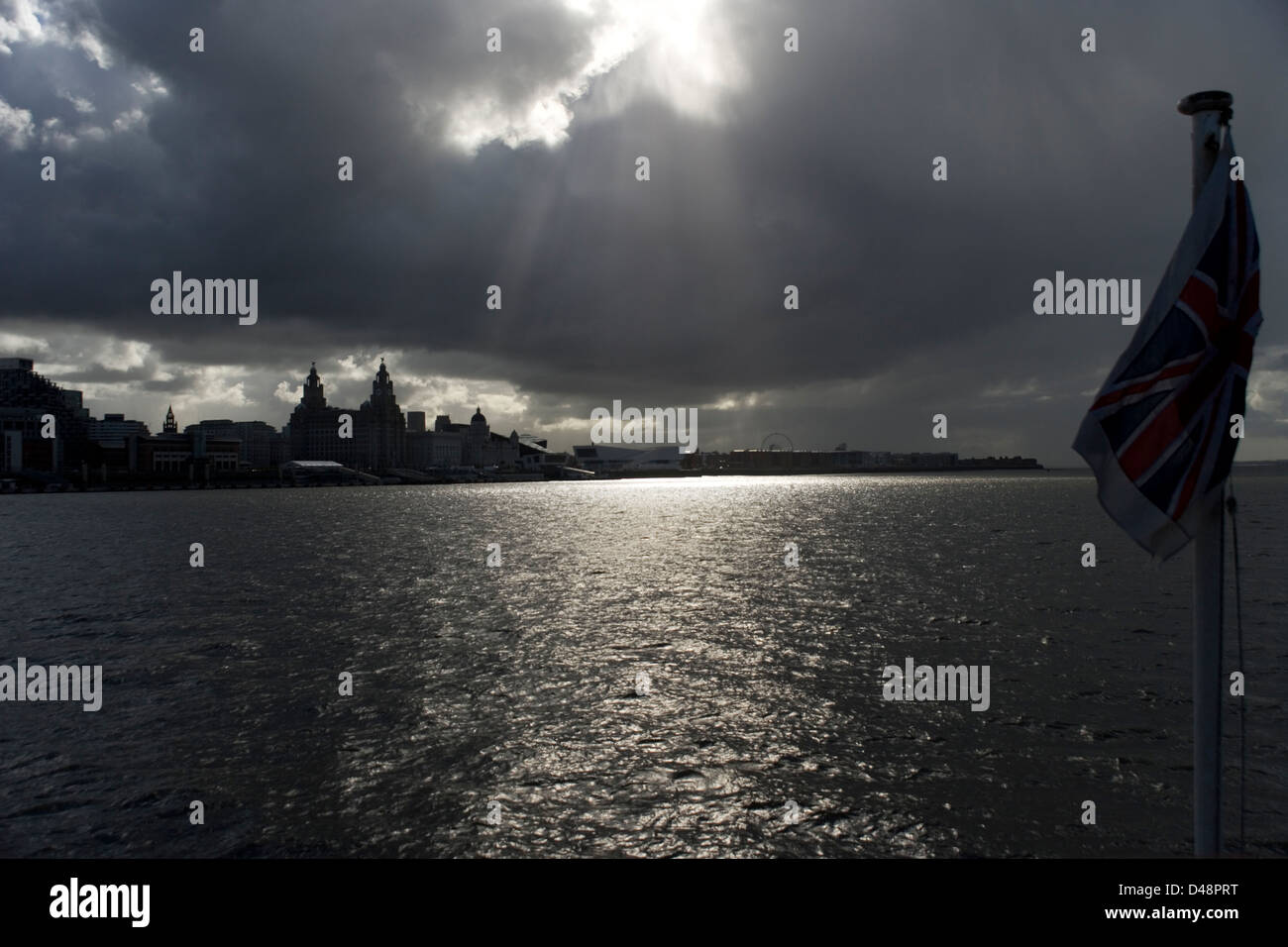 Storm over Liverpool and the Liver Building and the Mersey river from ...