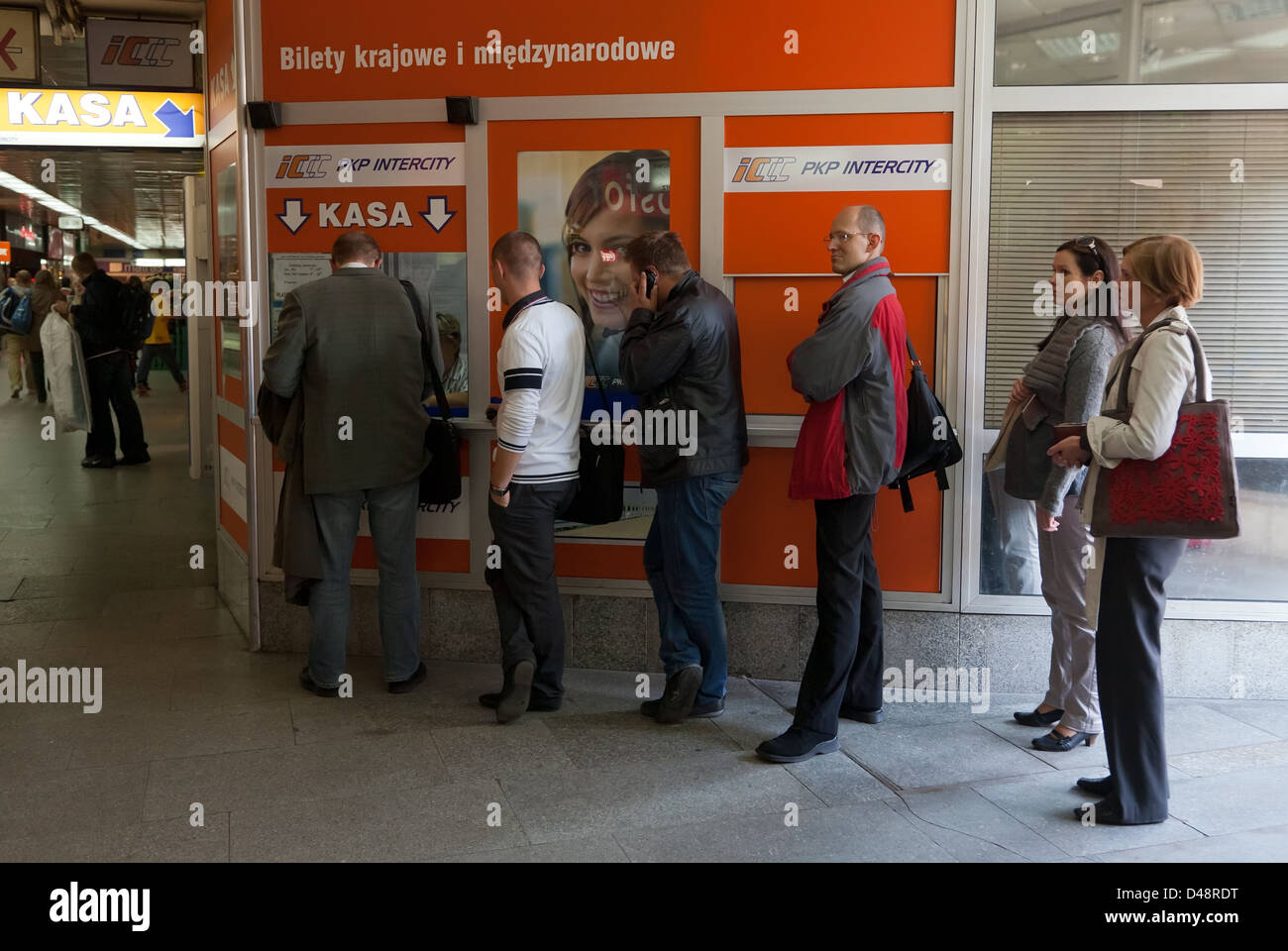 Warsaw, Poland, queue at a counter in the main station of the PKP ...