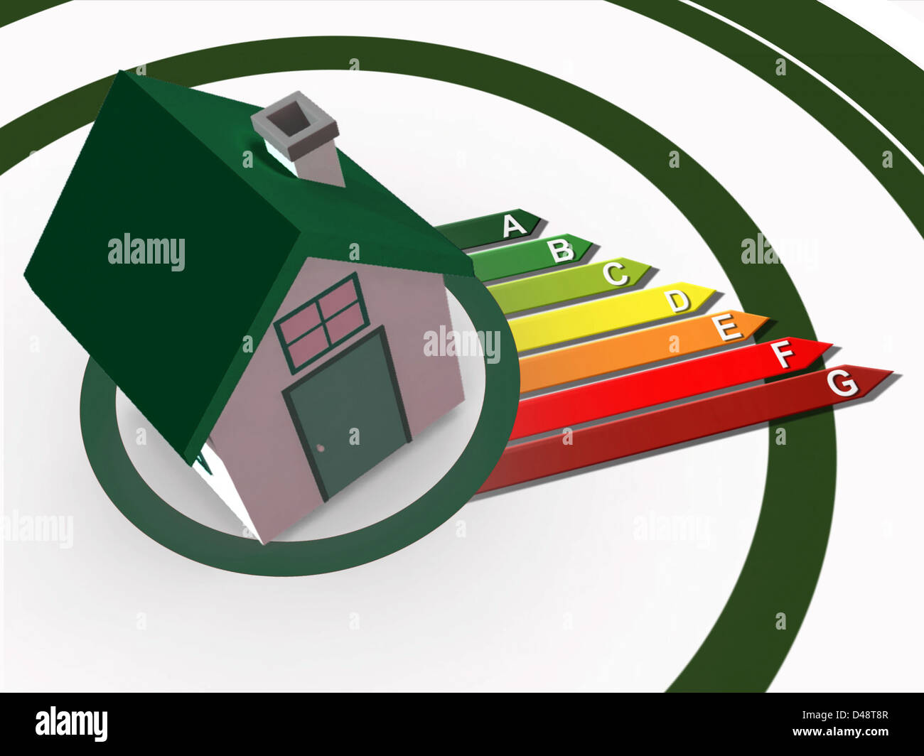 Energy ratings growing from 3d house Stock Photo - Alamy