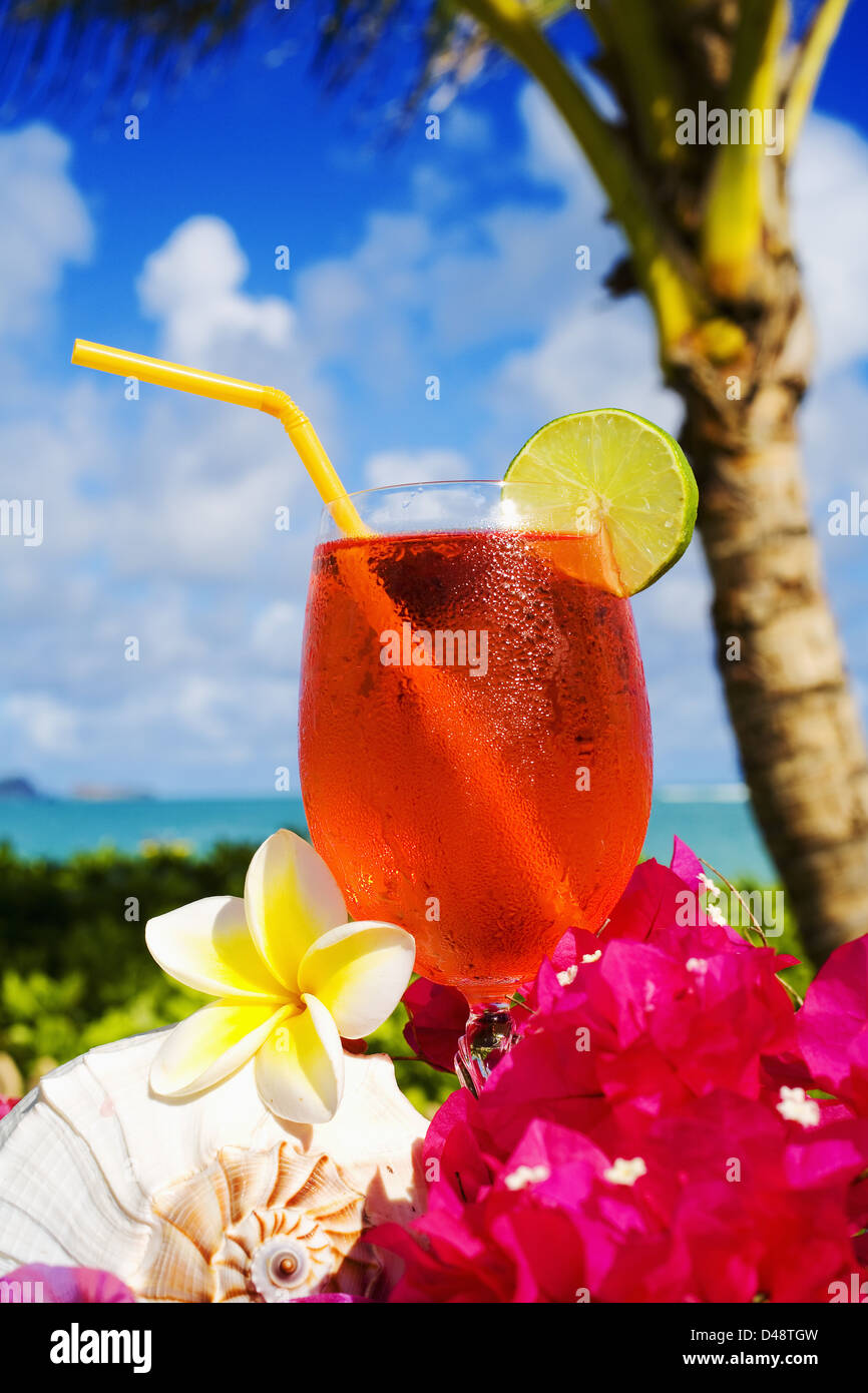 A Bright Red Tropical Cocktail Garnished With Flowers In Outdoor ...