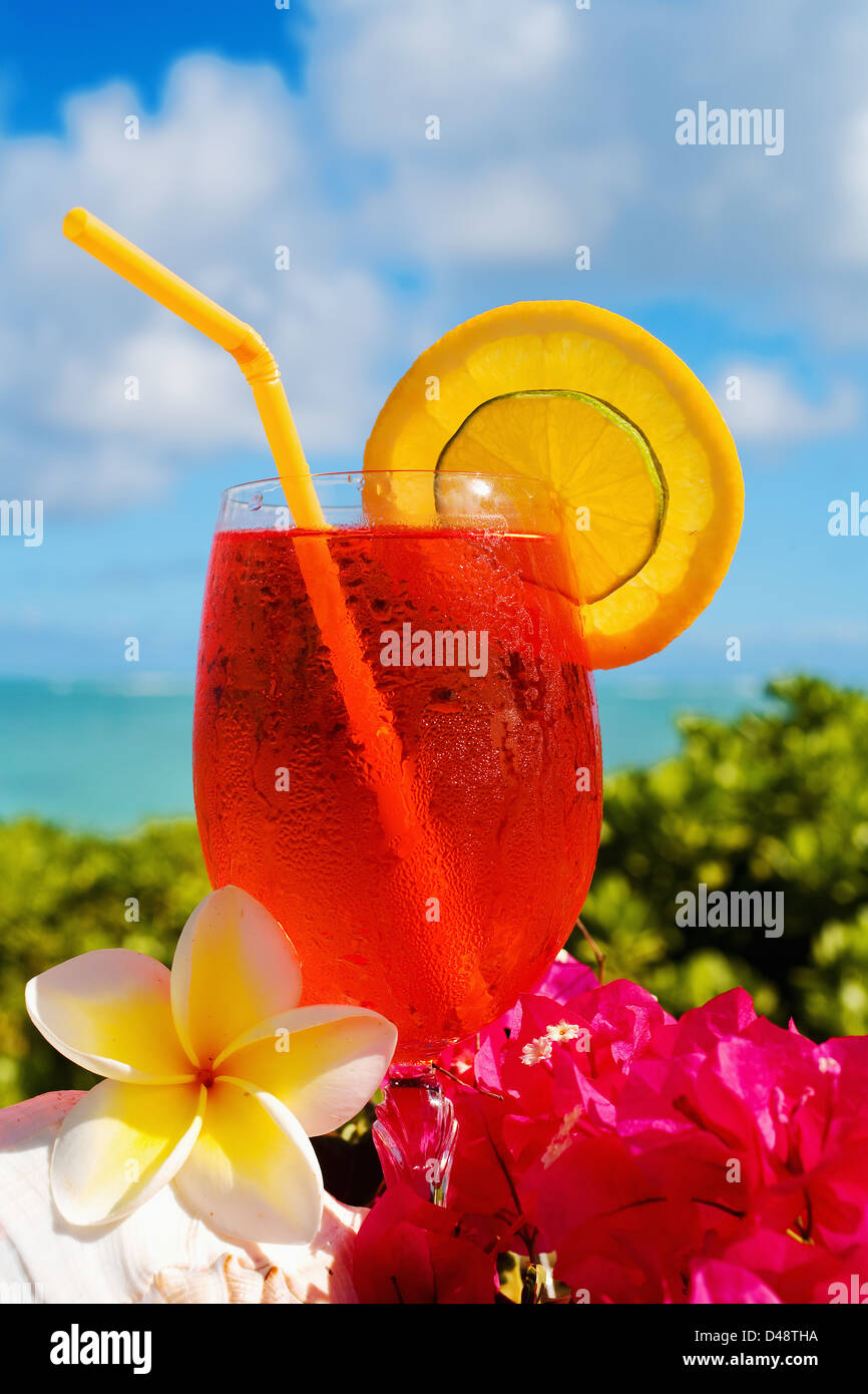 A Bright Red Tropical Cocktail Garnished With Flowers In Outdoor ...