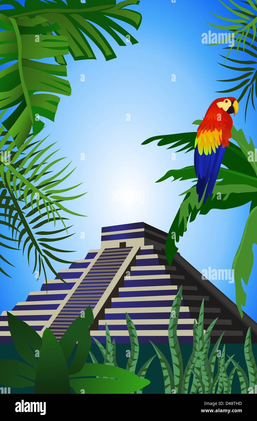 Illustration of antique Mayan Pyramid and a parrot Stock Photo - Alamy