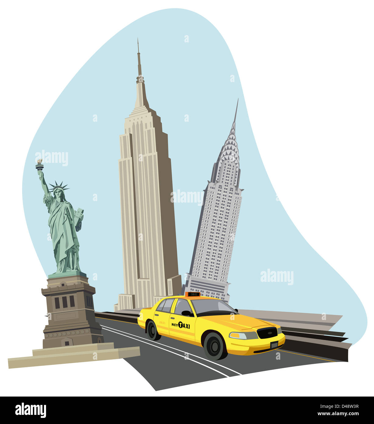 Illustration with skyscrapers, Statue of Liberty and a new york taxi ...