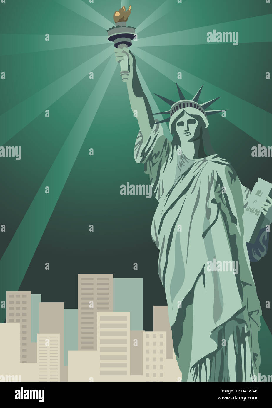 Background illustration with Statue of Liberty and New York skyscrapers ...