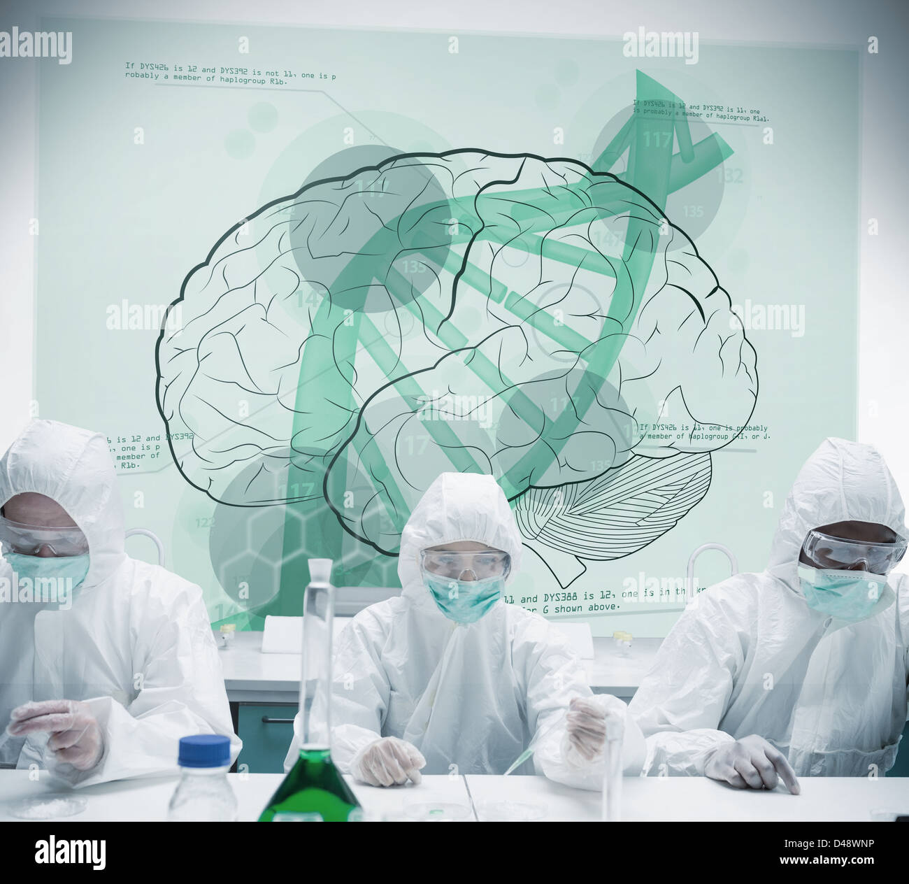 Chemists working with futuristic interface showing scientific diagrams ...