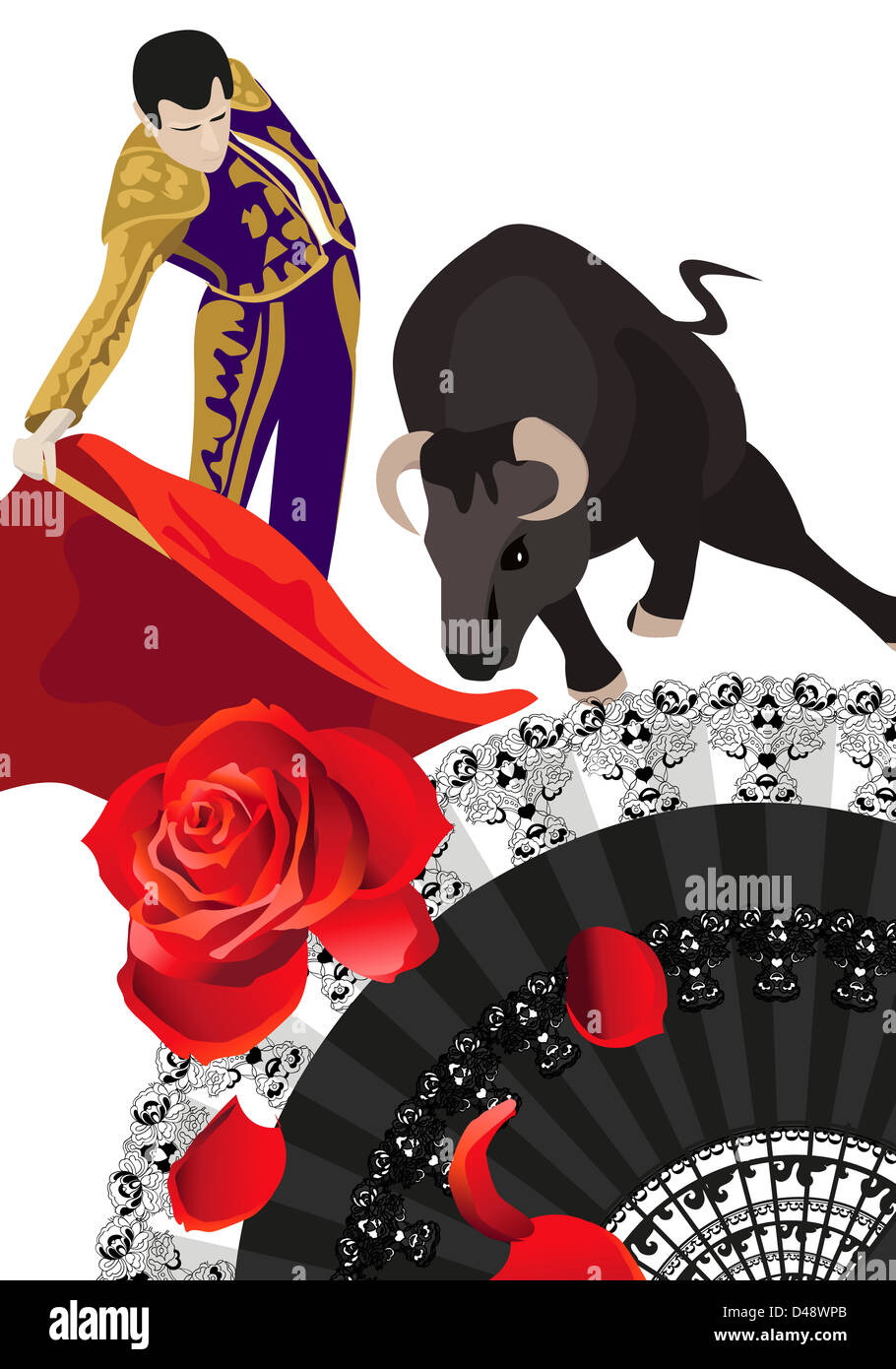 Illustration of a matador fighting with a bull and a rose Stock Photo ...