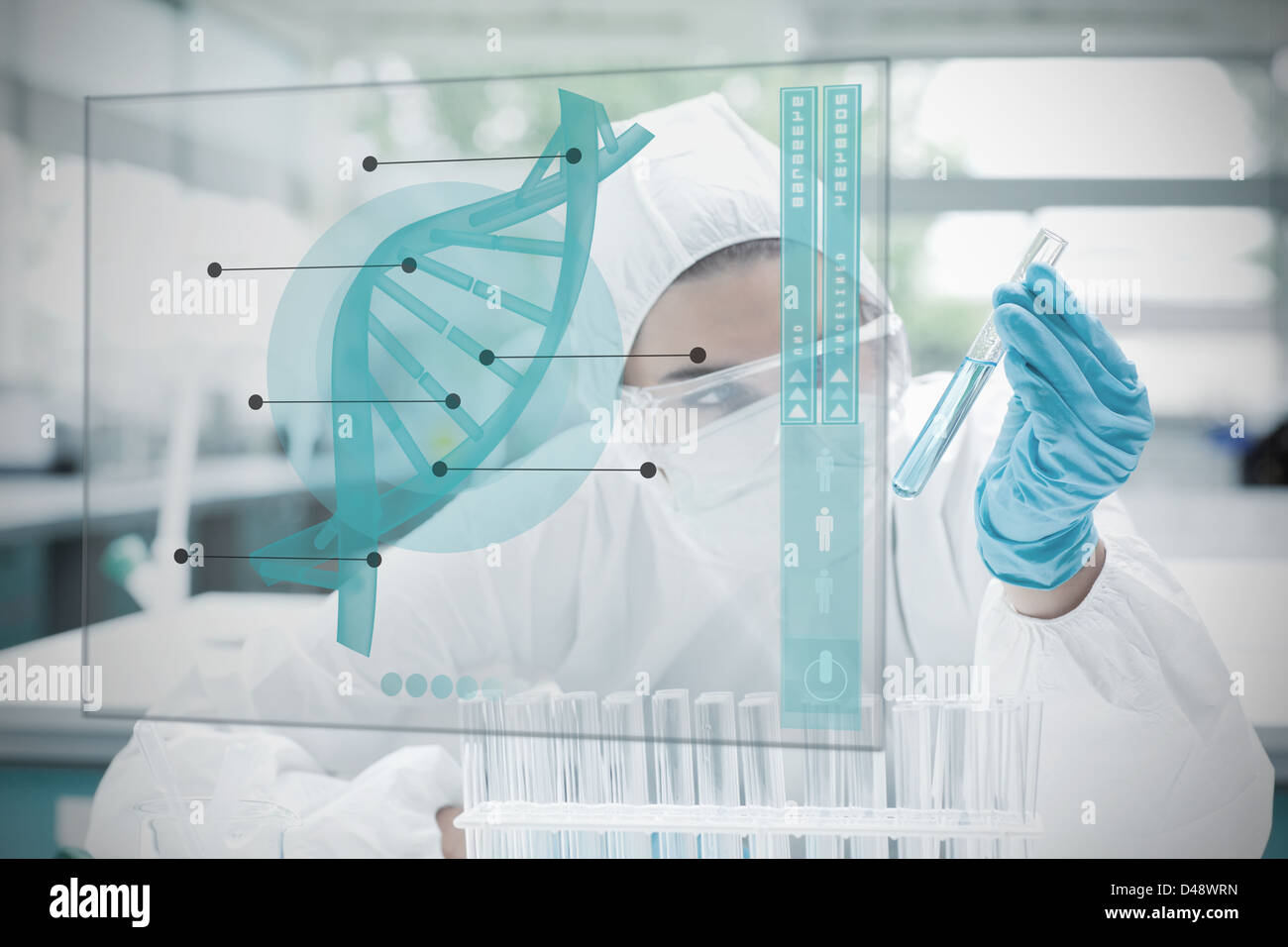 Chemist working cautiously with blue liquid and futuristic interface ...