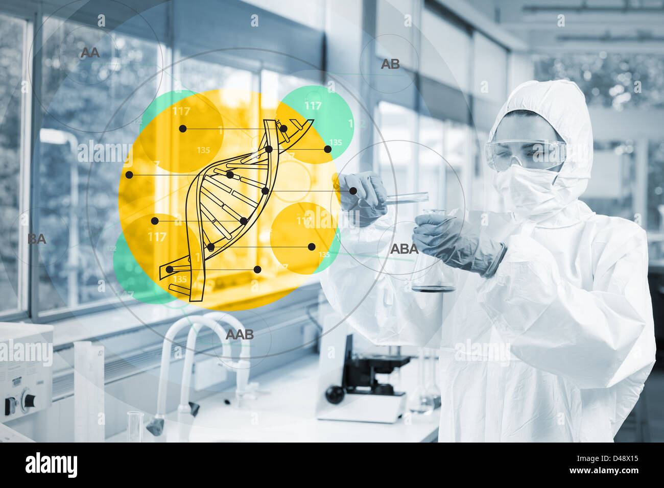 Scientist in protective suit working with dna diagram interface Stock ...