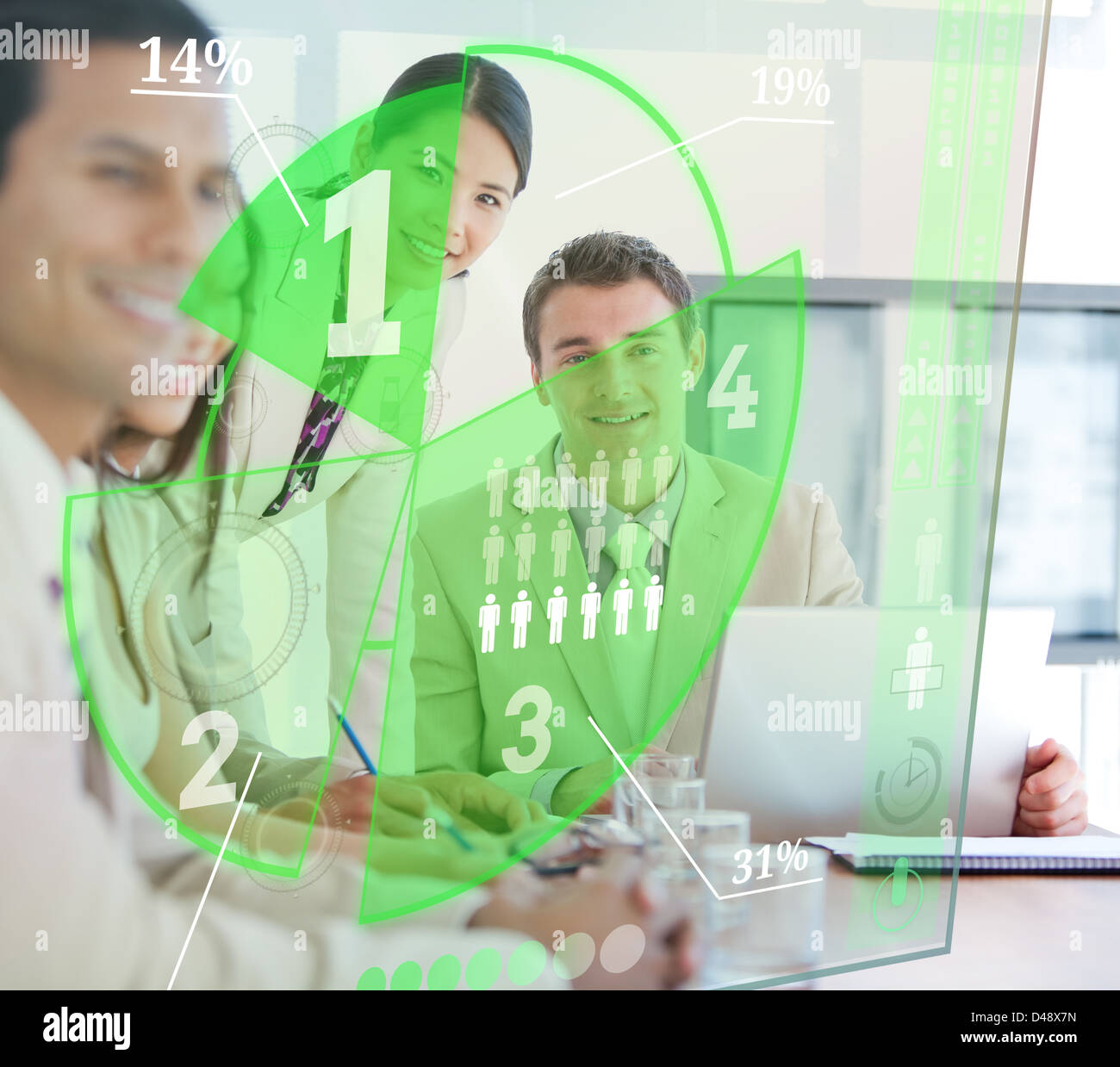 Business people using green pie chart interface Stock Photo - Alamy