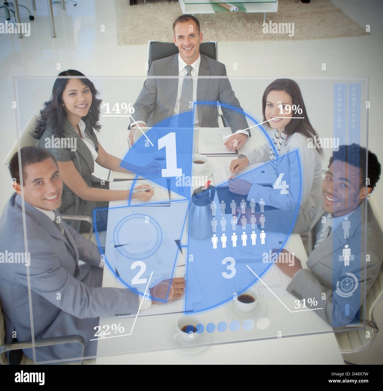 Business people using blue pie chart interface Stock Photo - Alamy
