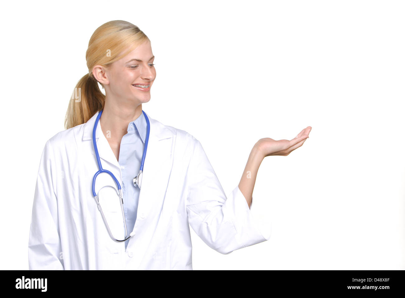 Female Doctor holding out hand isolated on white Stock Photo - Alamy
