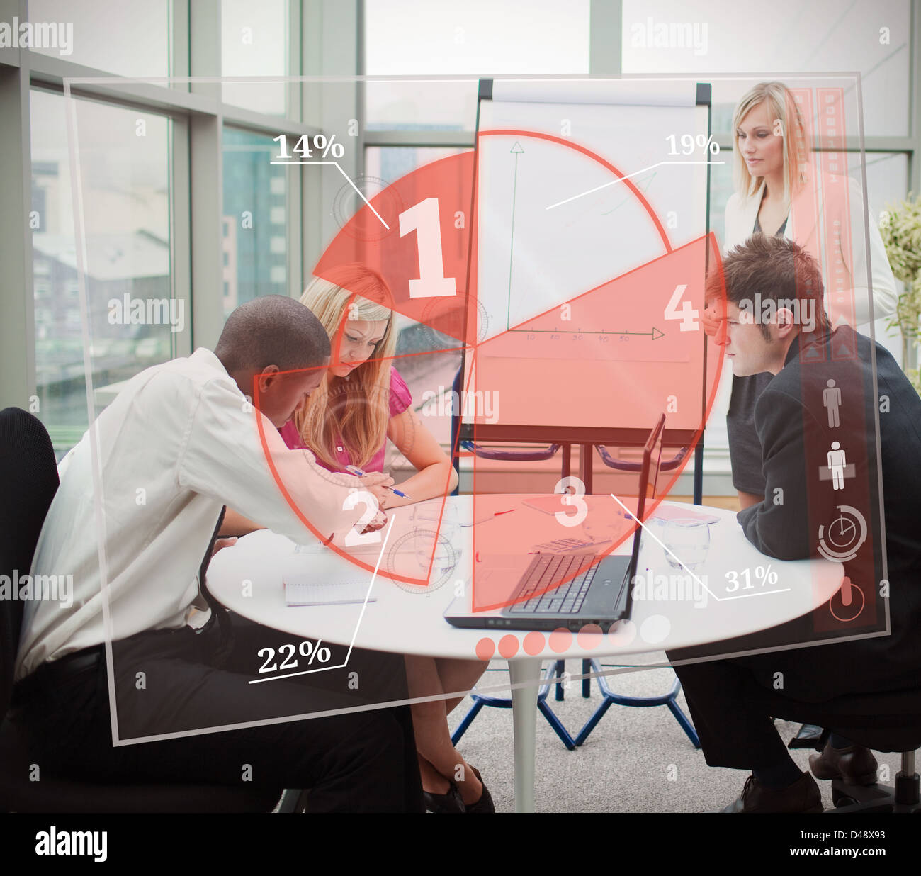 Business people using red pie chart interface Stock Photo - Alamy