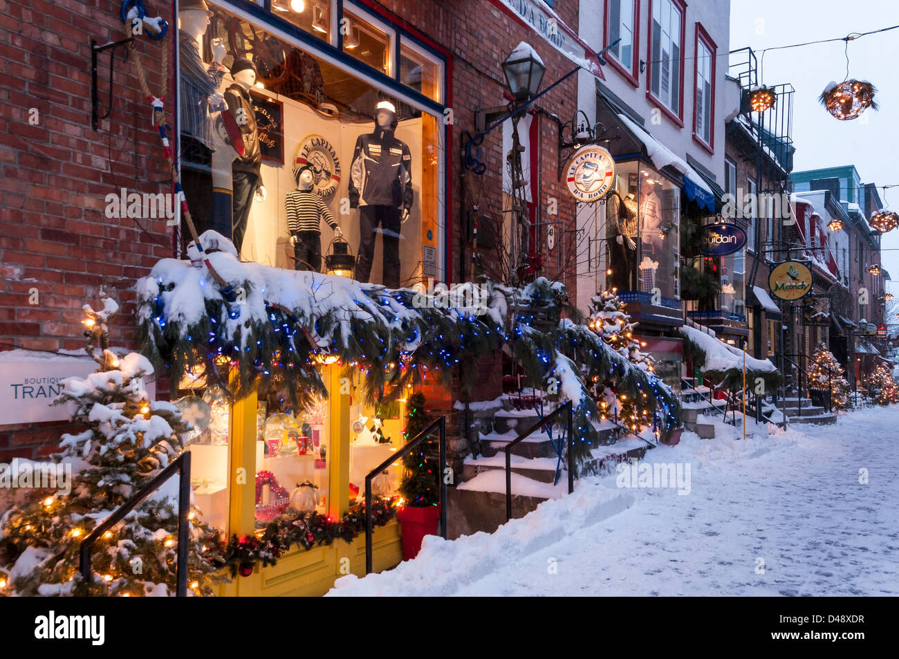 Lower Old Town Petit Champlain Quarter at dusk, Quebec City, Quebec ...