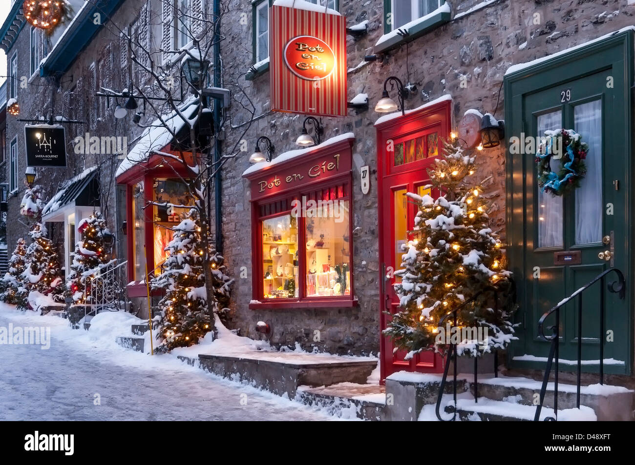Lower Old Town Petit Champlain Quarter at dusk, Quebec City, Quebec ...