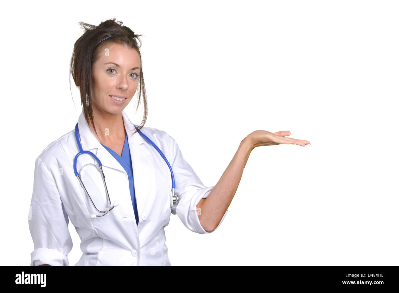 Female Doctor holding out hand isolated on white Stock Photo - Alamy