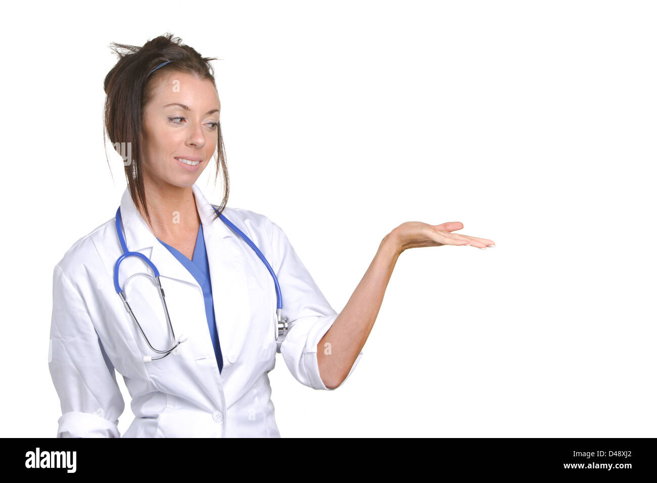 Female Doctor holding out hand isolated on white Stock Photo - Alamy
