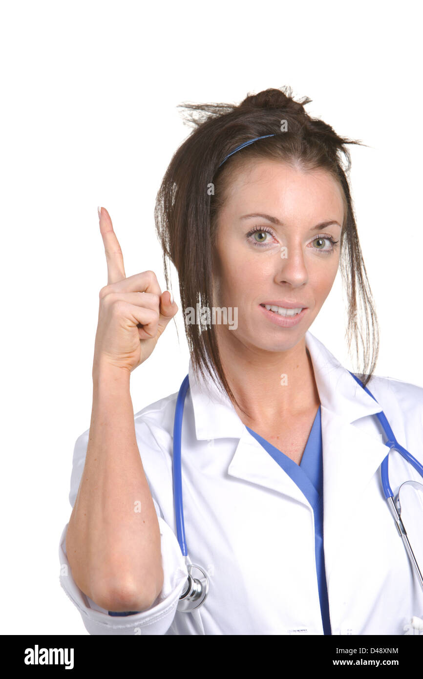Female Doctor pointing up isolated on white Stock Photo - Alamy