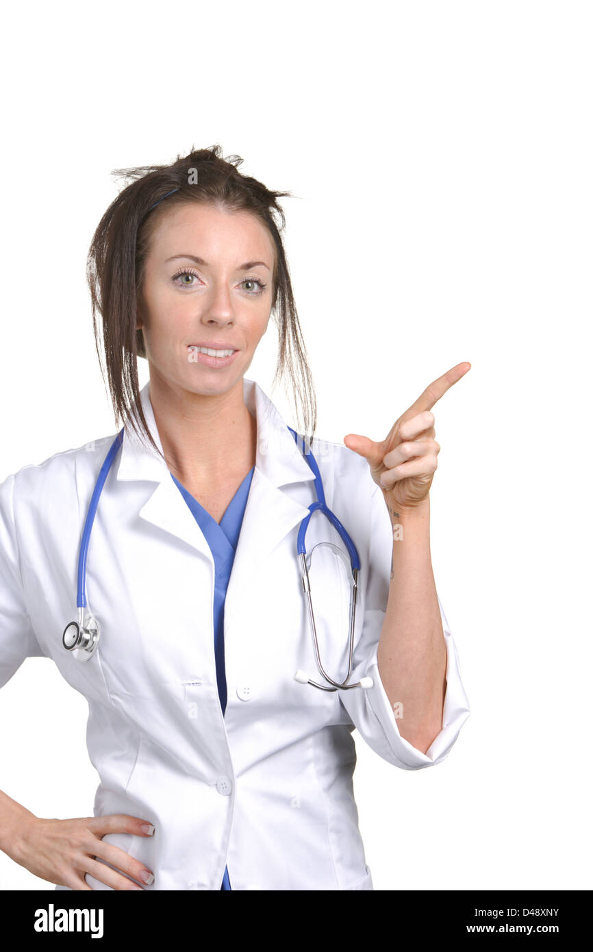 Female Doctor pointing up isolated on white Stock Photo - Alamy