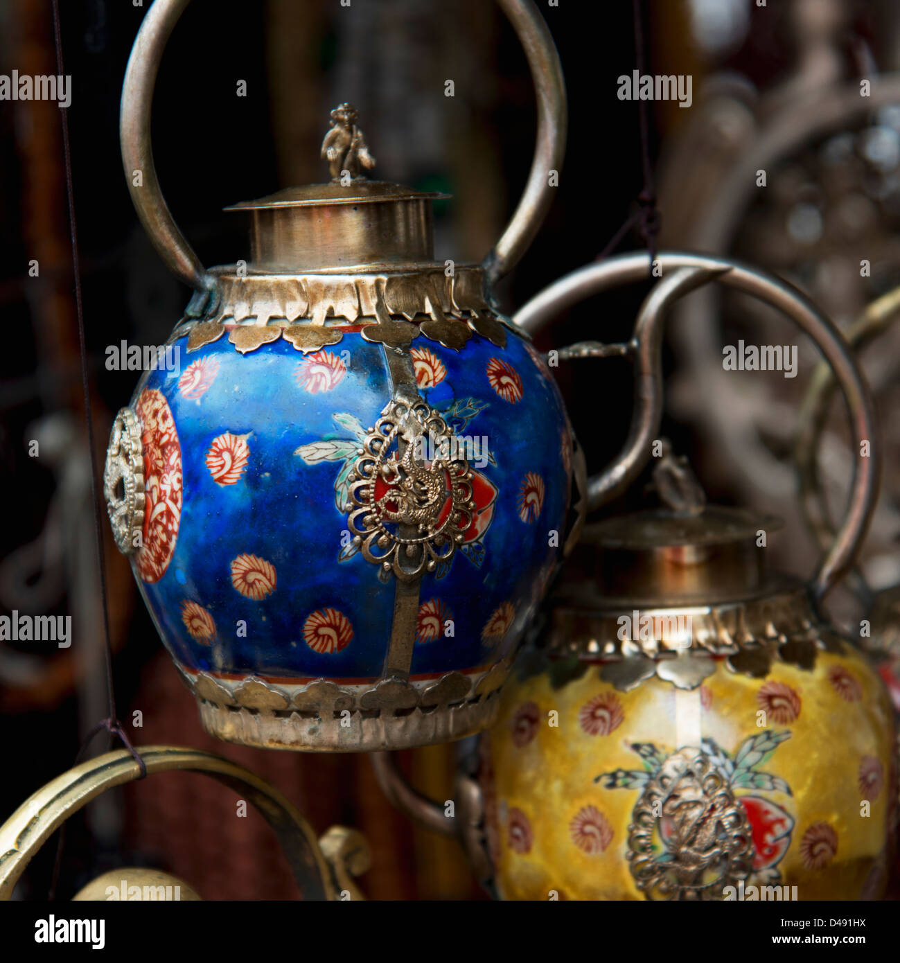Ornate colourful teapots;Xizang china Stock Photo - Alamy