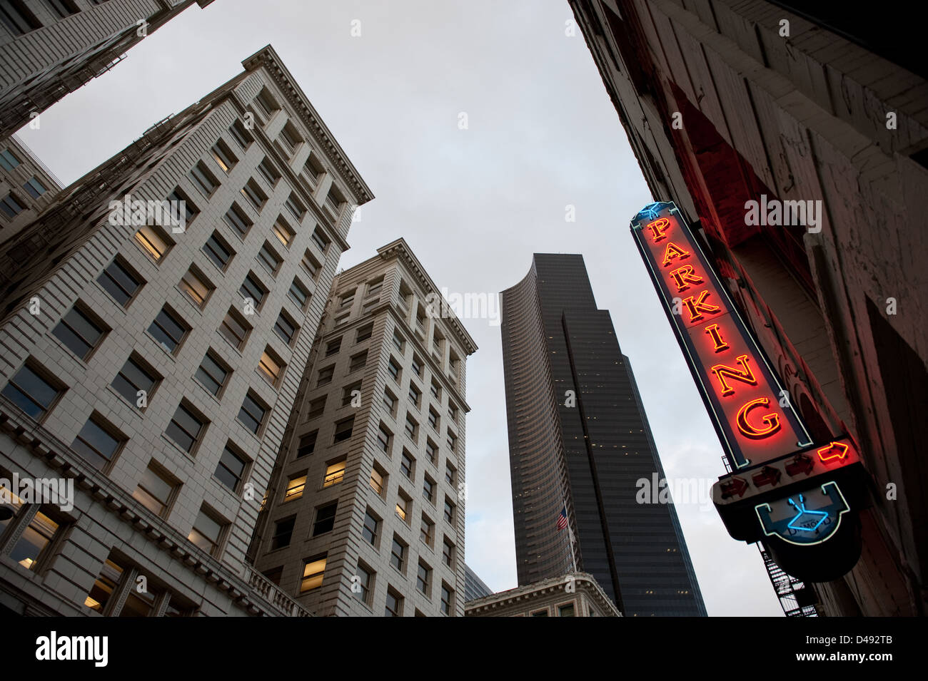 Seattle, USA, skyscrapers and parking sign Stock Photo - Alamy