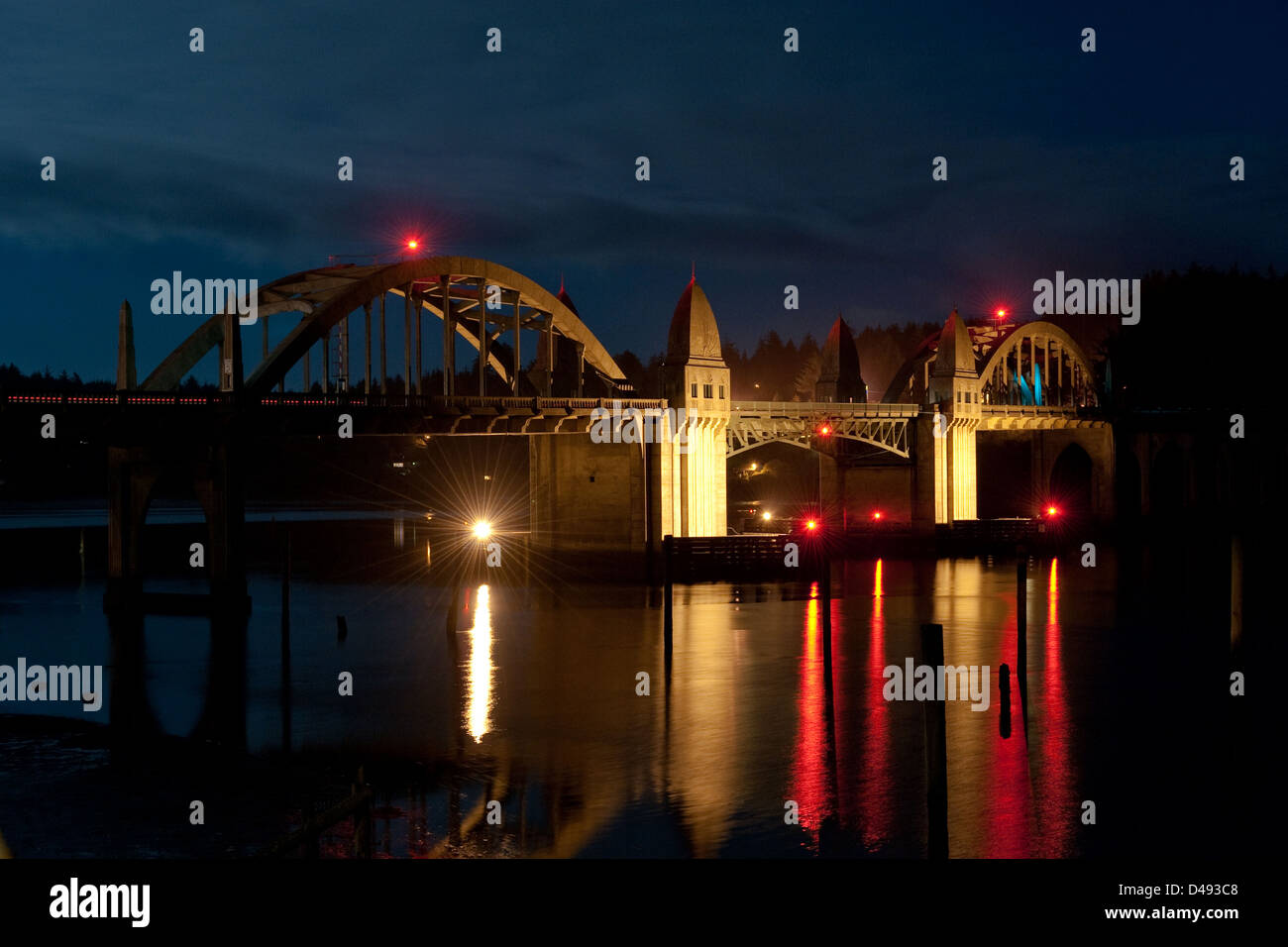 Florence, United States, the Siuslaw River Bridge at night Stock Photo ...