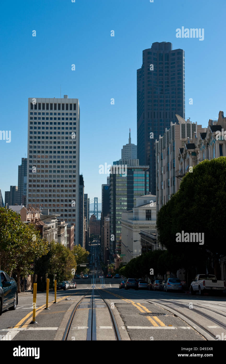 San Francisco, USA, cable car tracks on the street Downtown San ...