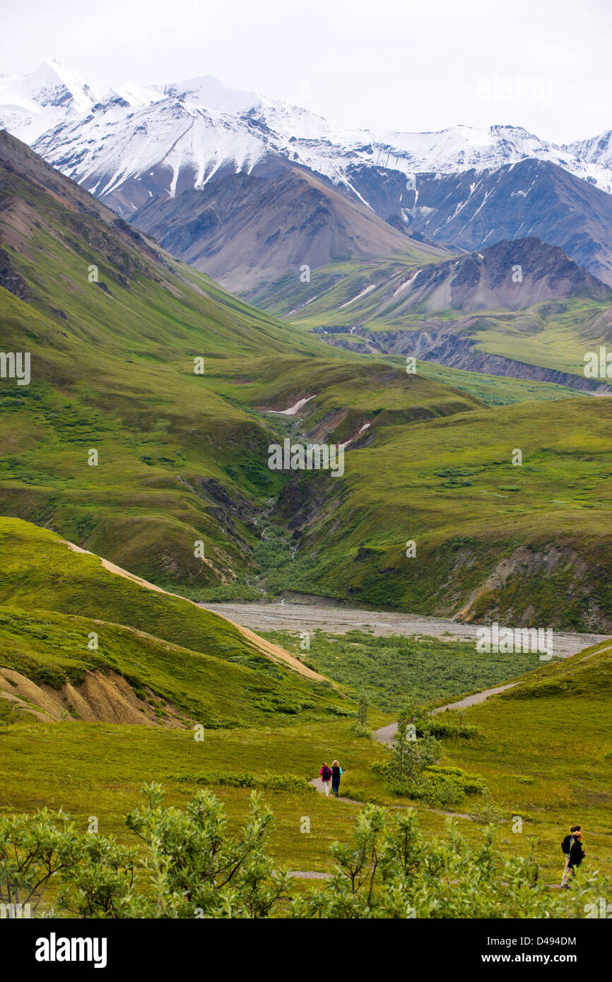 Hikers and view south of Alaska Range, Eielson Visitor Center, Denali ...