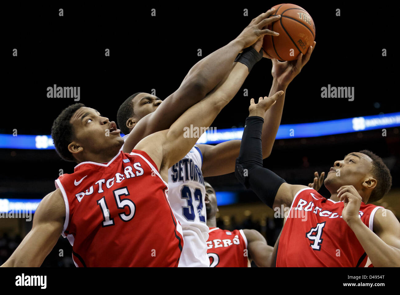 March 8, 2013: Seton Hall Pirates center Kevin Johnson (32) battles for ...