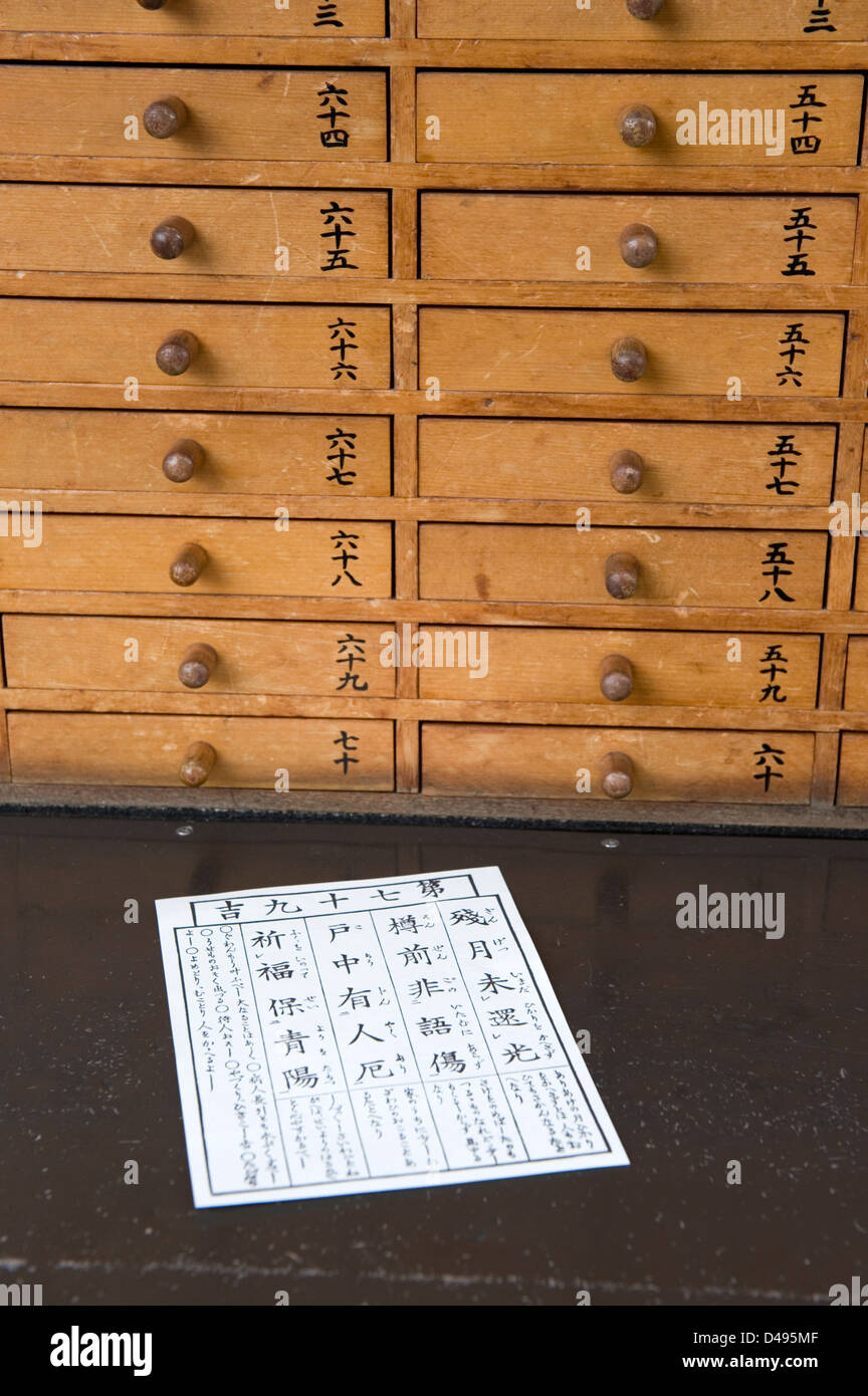 Omikuji paper oracle removed from numbered drawer at Sensoji Temple ...