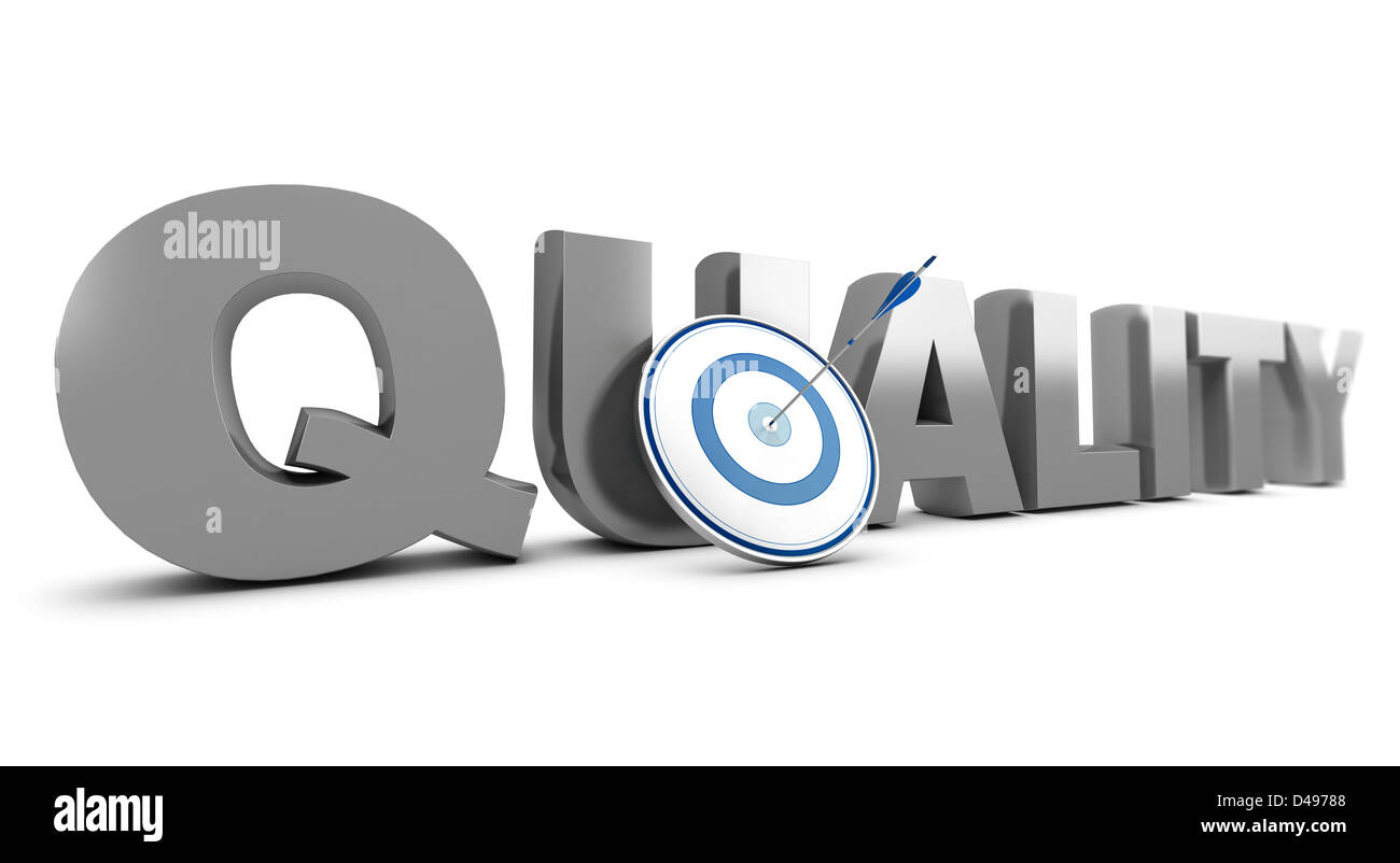 Word quality written in 3D with a target and one arrow hitting the mark ...