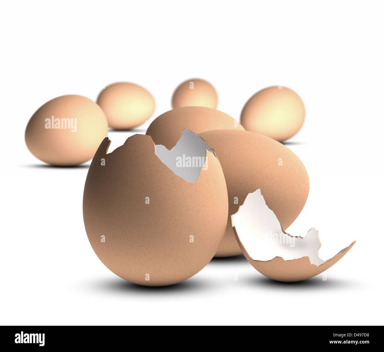 One open egg and many whole eggs, white background, concept of ...